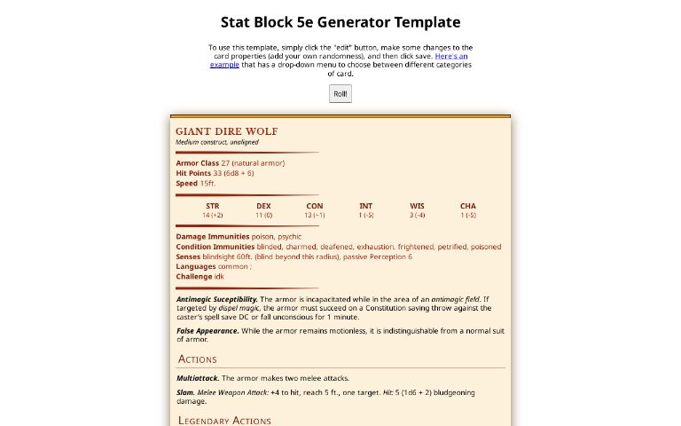 Stat Block 5e Generator Template