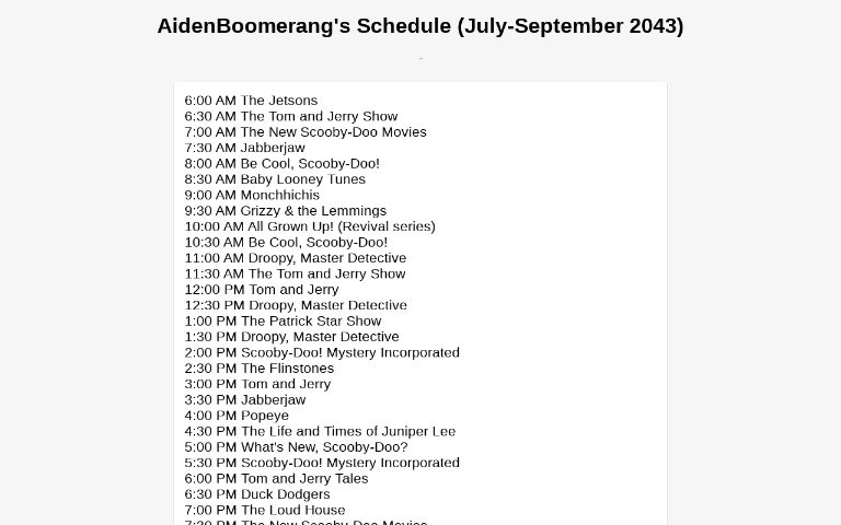 AidenBoomerang's Schedule (July-September 2043) ― Perchance Generator