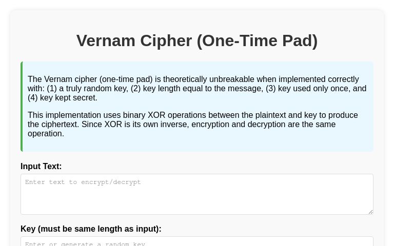 Vernam Cipher (One-Time Pad) ― Perchance Generator
