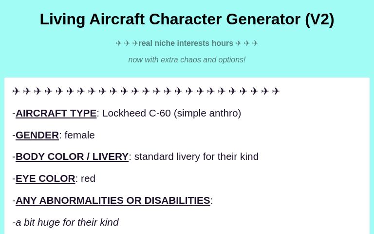 Living Aircraft Character Generator (V2)