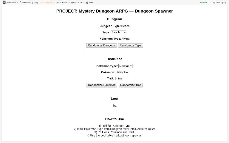 PROJECT: Mystery Dungeon ARPG — Dungeon Spawner ― Perchance Generator