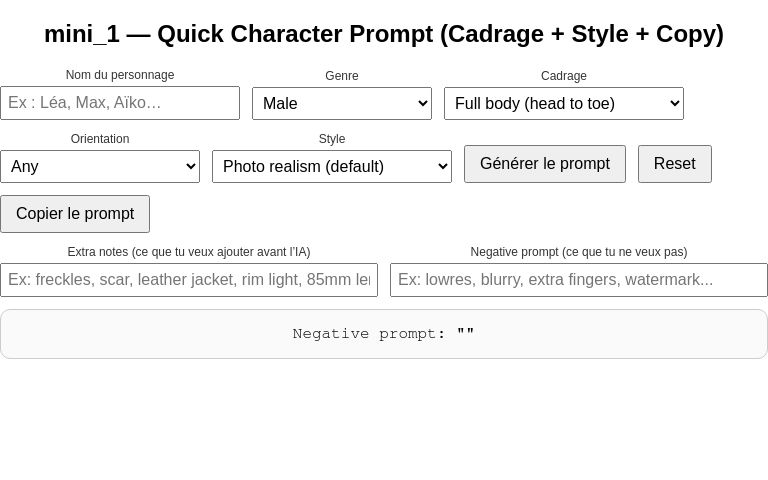 mini_1 — Quick Character Prompt (Cadrage + Style + Copy) ― Perchance ...