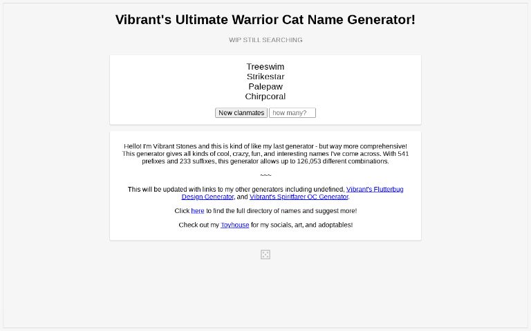 Vibrant's Ultimate Warrior Cat Name Generator!