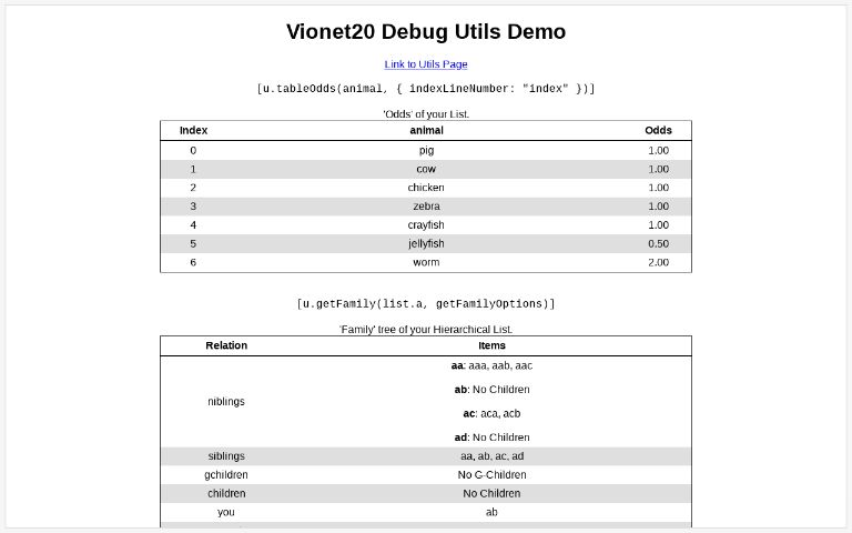 Vionet20 Debug Utils Demo ― Perchance Generator