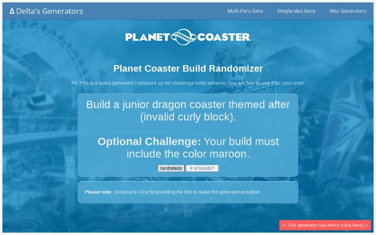 Planet Coaster Build Randomizer ― Perchance Generator