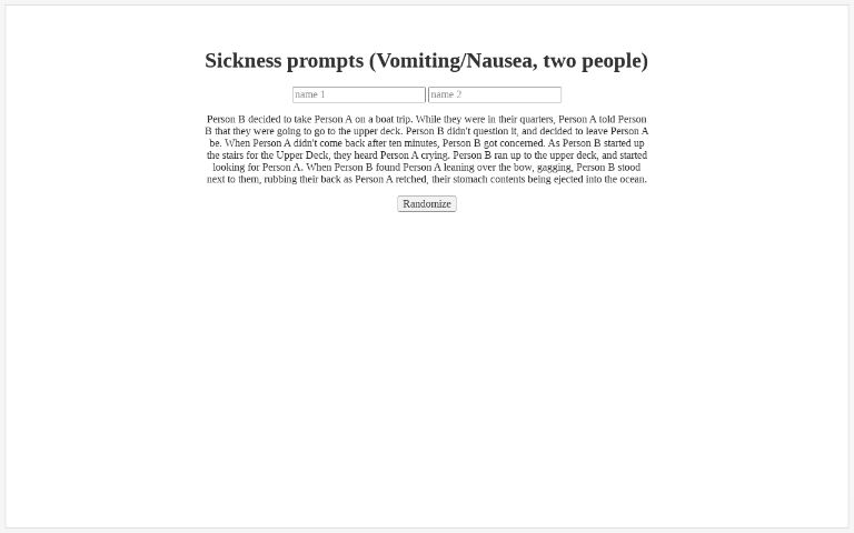 Sickness prompts (Vomiting/Nausea, two people) ― Perchance Generator