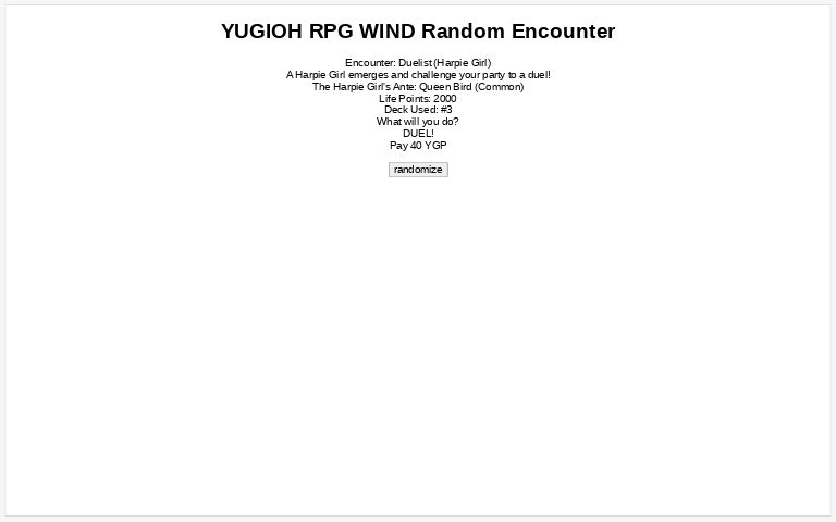 YUGIOH RPG WIND Random Encounter ― Perchance Generator
