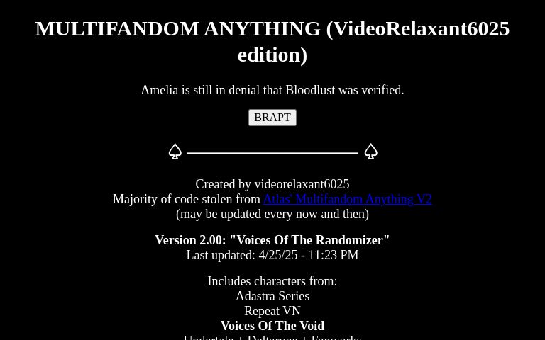 MULTIFANDOM ANYTHING (VideoRelaxant6025 edition) ― Perchance Generator