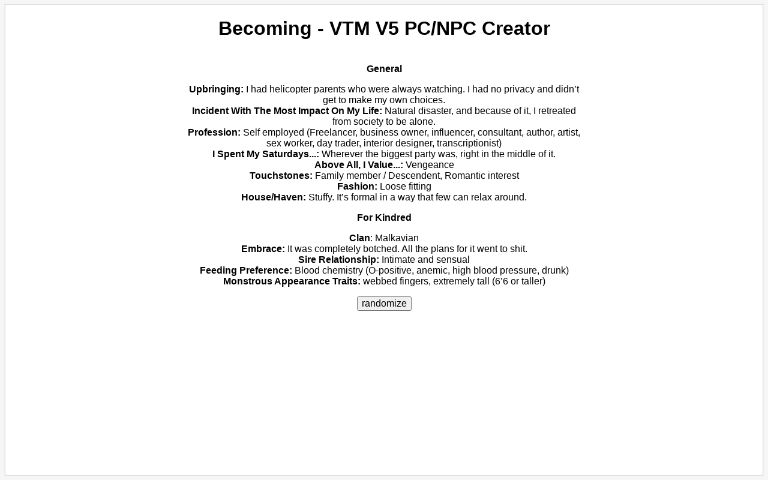 Becoming - VTM V5 PC/NPC Creator ― Perchance Generator
