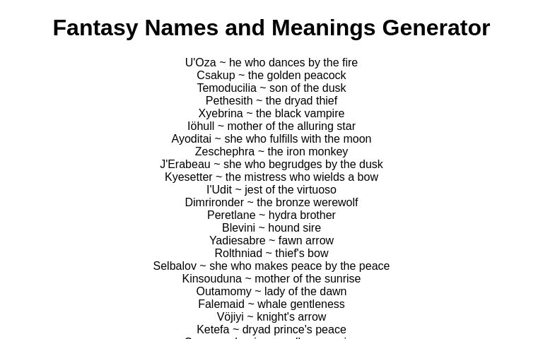 Fantasy Names and Meanings Generator