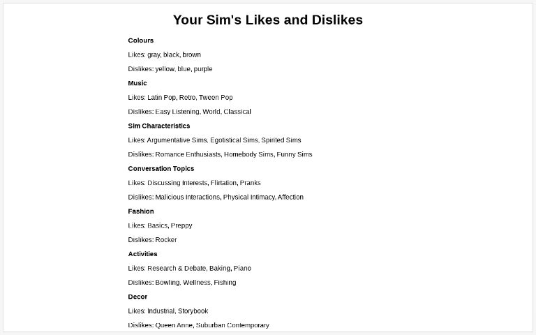 Your Sim's Likes and Dislikes ― Perchance Generator