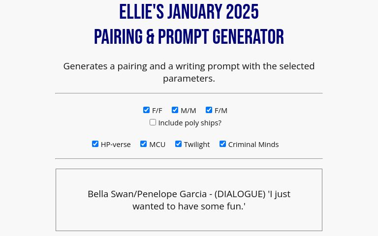 Ellie's January 2025Pairing & Prompt Generator