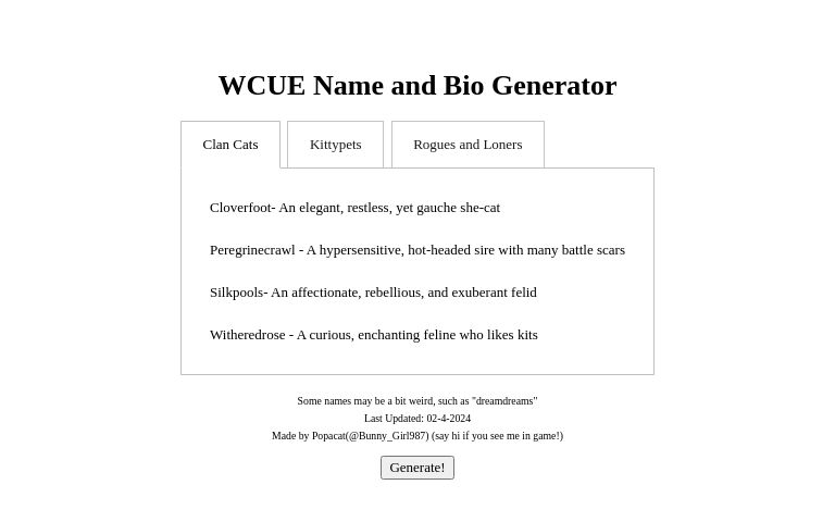 WCUE Name and Bio Generator