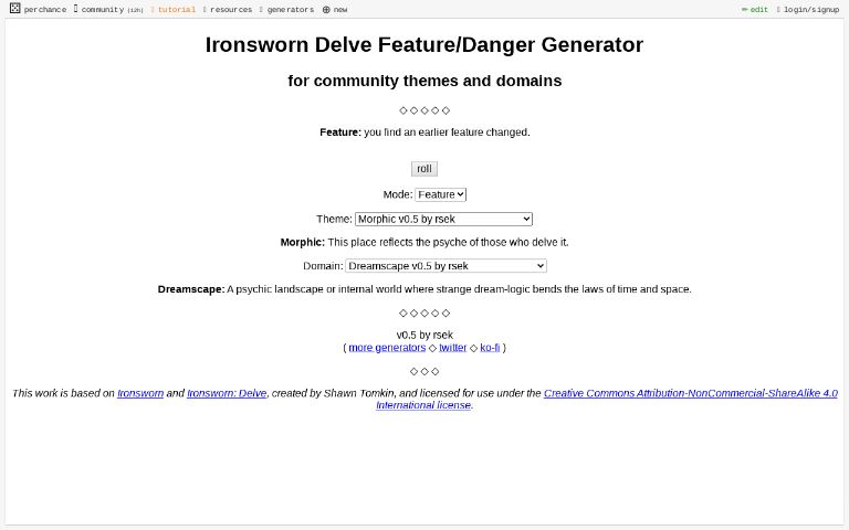 Ironsworn Delve Feature/Danger Generator