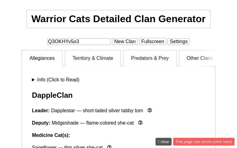 Warrior Cats Detailed Clan Generator