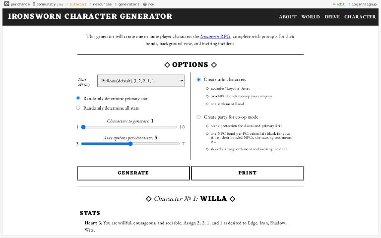 Ironsworn Character Generator 1.11, by rsek