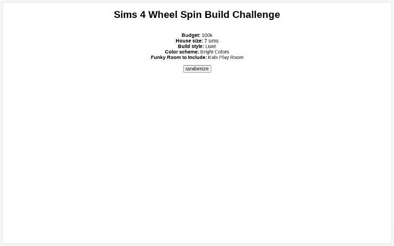 Sims 4 Wheel Spin Build Challenge ― Perchance Generator