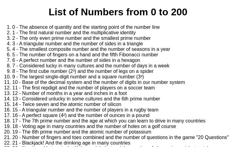 List of Numbers from 0 to 200 ― Perchance Generator