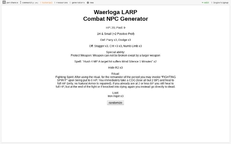 Waerloga LARP Combat NPC Generator