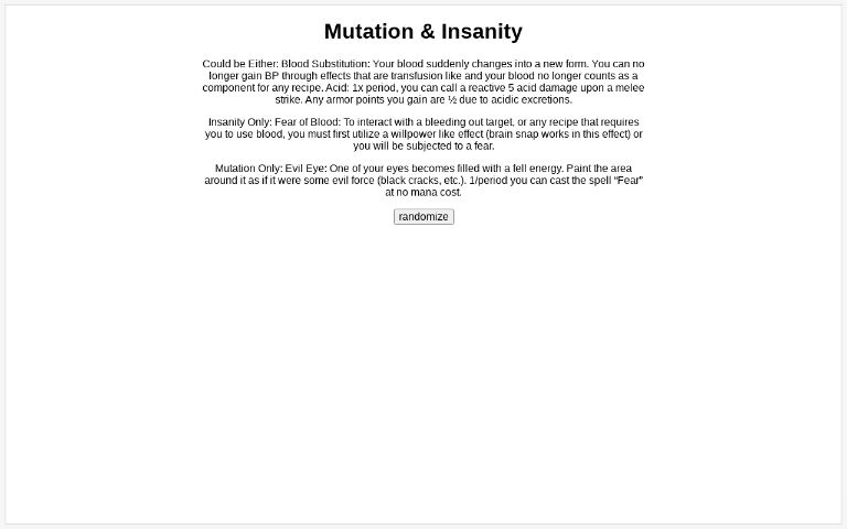 Mutation & Insanity ― Perchance Generator