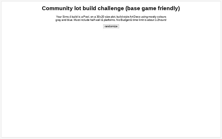 Community lot build challenge (base game friendly) ― Perchance Generator