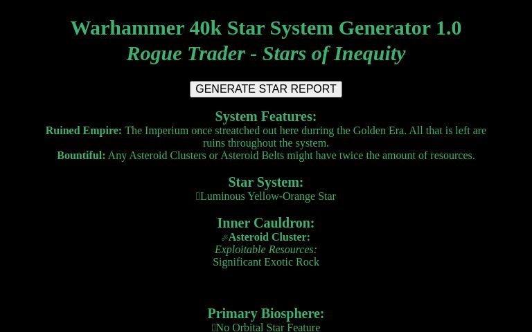 Warhammer 40k Star System Generator 1.0 Rogue Trader - Stars of Inequity