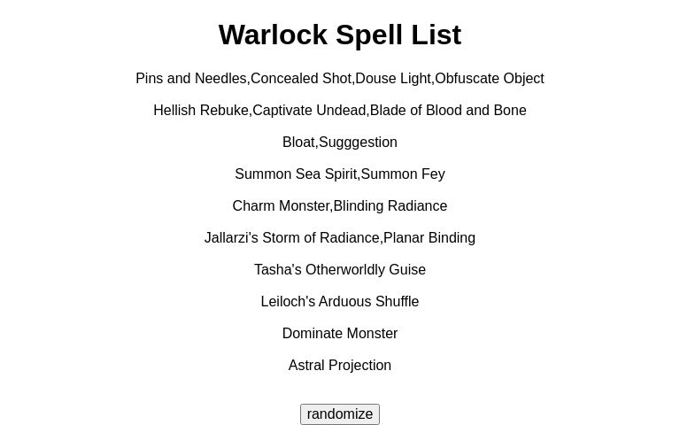 Warlock Spell List ― Perchance Generator