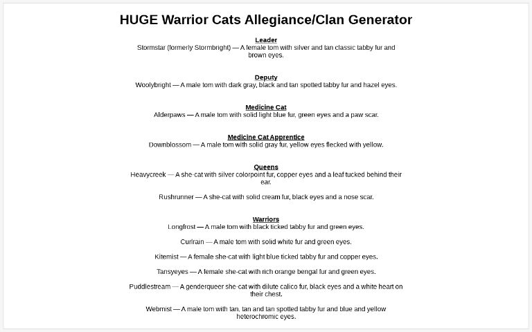 HUGE Warrior Cats Allegiance/Clan Generator
