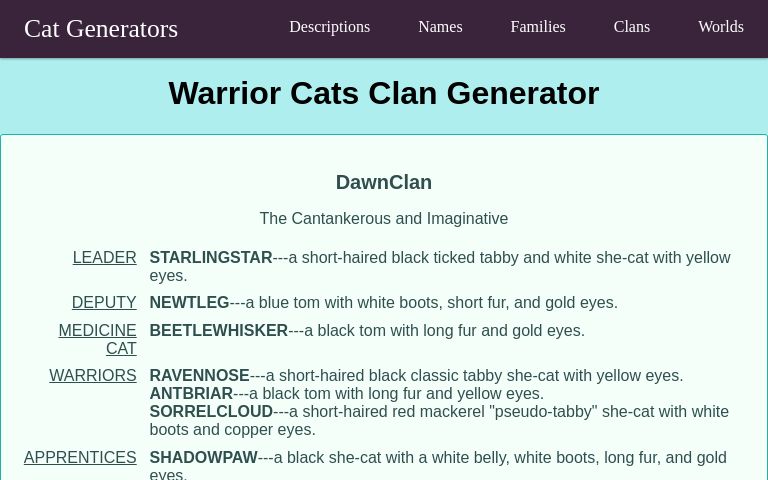 Warrior Cats Clan Generator