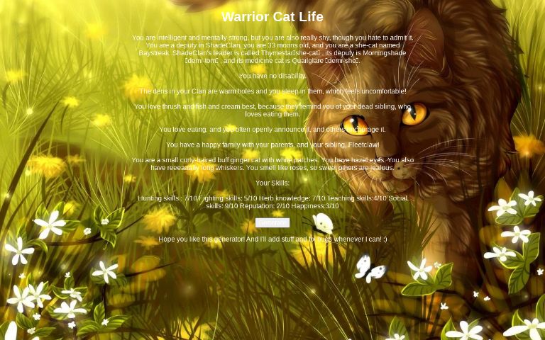 Warrior Cat Life ― Perchance Generator