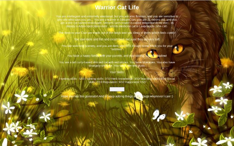 Warrior Cat Life ― Perchance Generator
