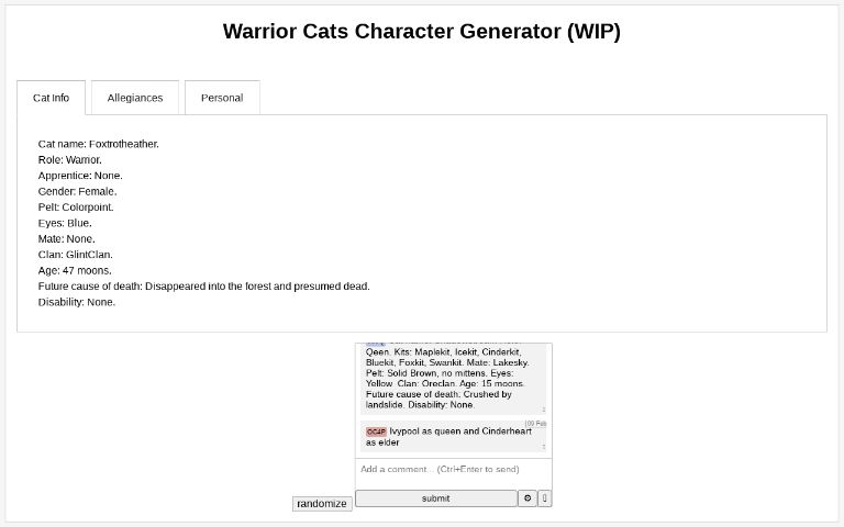 Warrior Cats Character Generator (WIP)