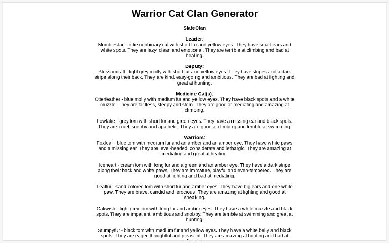 Warrior Cat Clan Generator