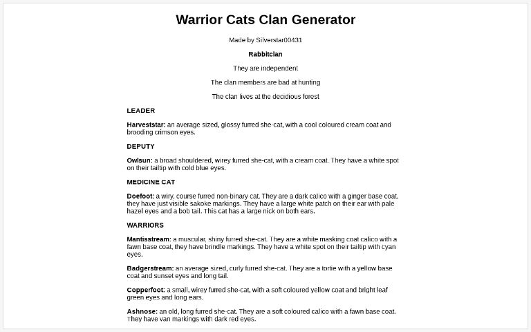 Warrior Cats Clan Generator