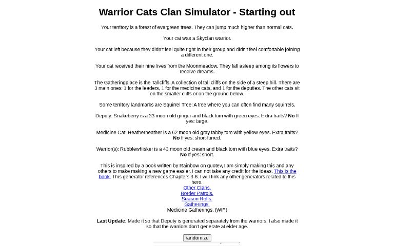 Warrior Cats Clan Simulator - Starting out ― Perchance Generator