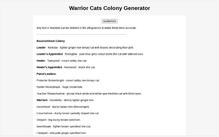 Warrior Cats Colony Generator