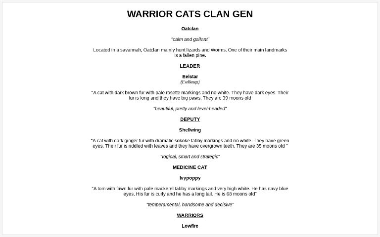 WARRIOR CATS CLAN GEN