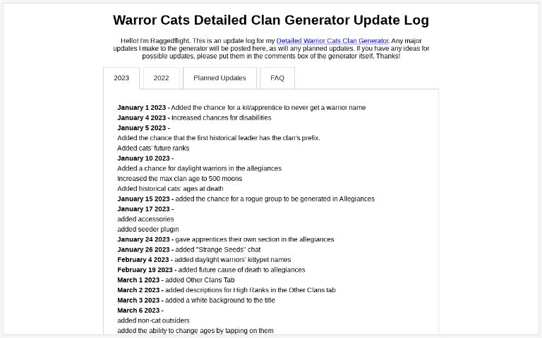 Warror Cats Detailed Clan Generator Update Log