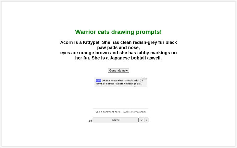 Warrior cats drawing prompts! ― Perchance Generator