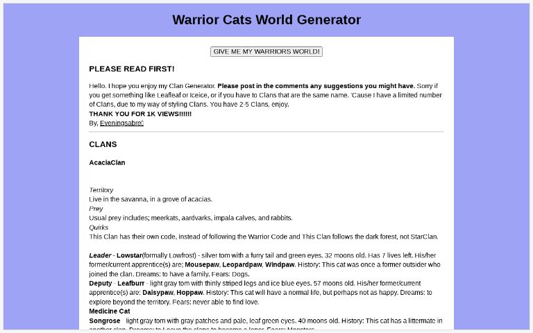 Warrior Cats World Generator