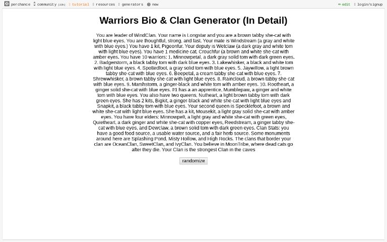 Warriors Bio & Clan Generator (In Detail)