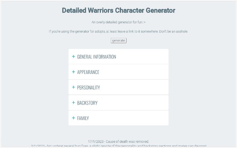 Detailed Warriors Character Generator