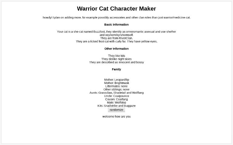 Warrior Cat Character Maker ― Perchance Generator