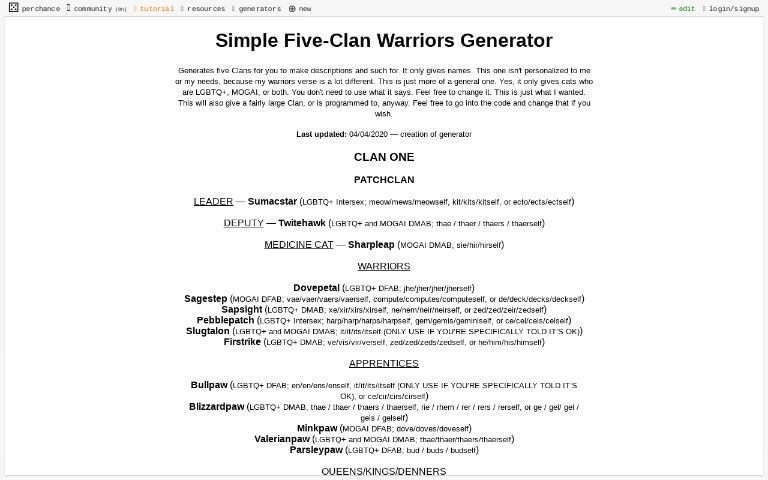 Simple Five-Clan Warriors Generator