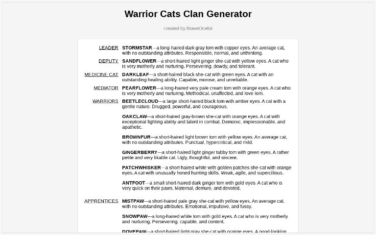 Warrior Cats Clan Generator