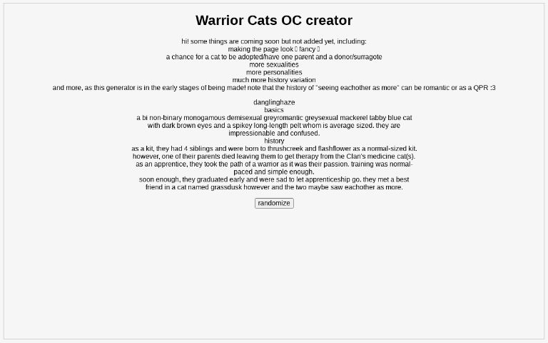 Warrior Cats OC creator ― Perchance Generator