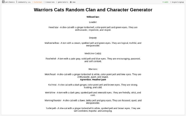 Warriors Cats Random Clan and Character Generator