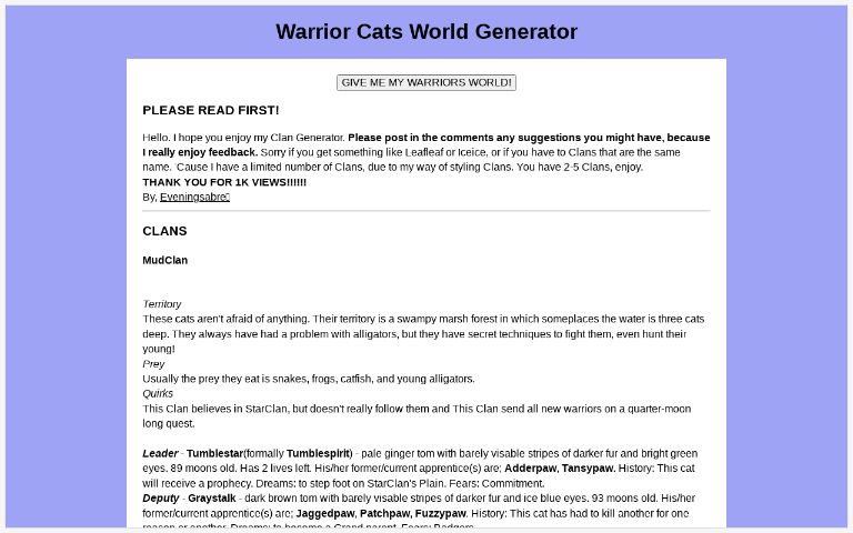 Warrior Cats World Generator