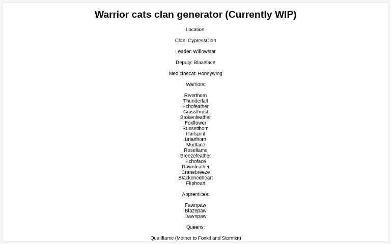 Warrior cats clan generator (Currently WIP)
