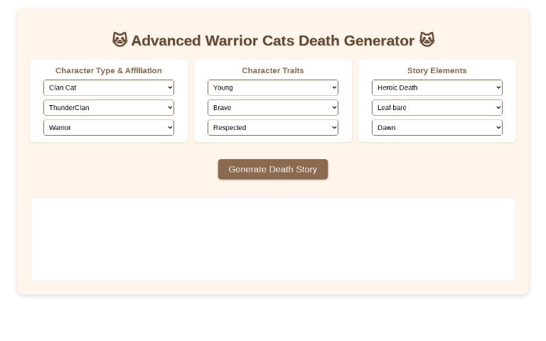 🐱 Advanced Warrior Cats Death Generator 🐱